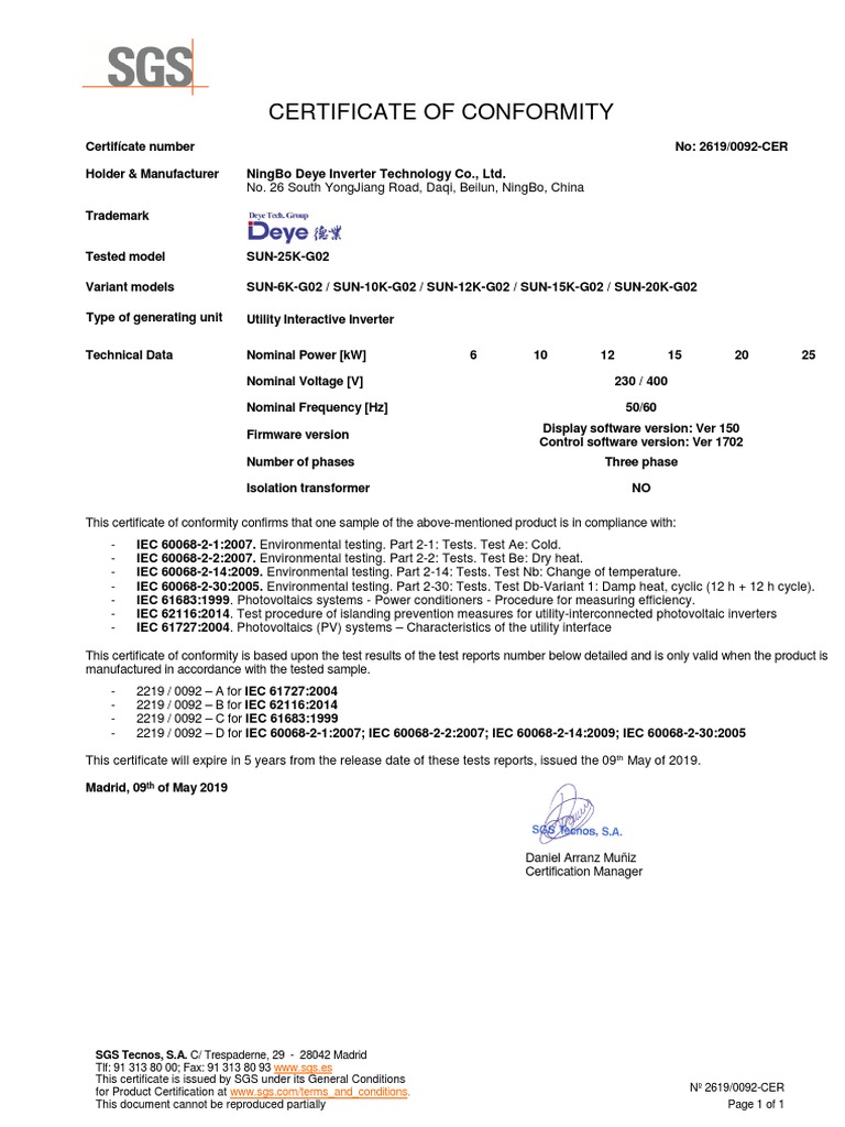 Certificate of Conformity: SGS Tecnos, S.A | PDF | Photovoltaics ...