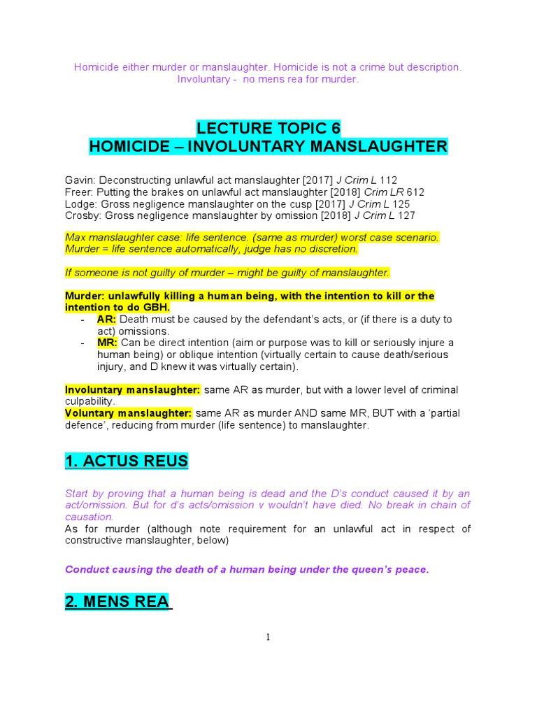 Involuntary Manslaughter Explained | PDF | Manslaughter | Mens Rea