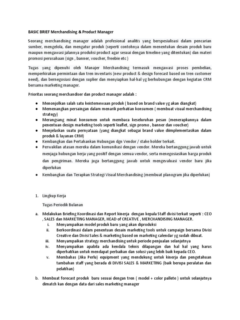 BASIC BRIEF Merchandising & Product Manager | PDF | Bisnis