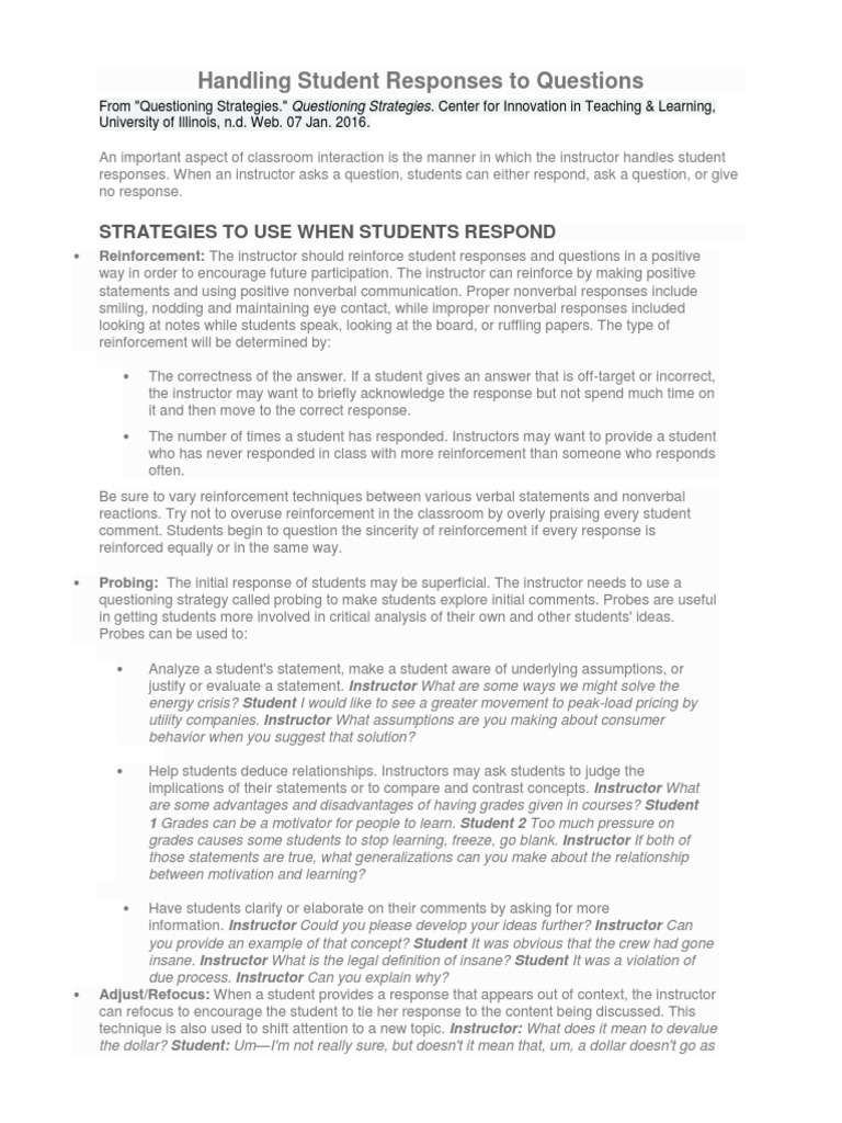 Handling Student Responses To Questions: Strategies To Use When ...