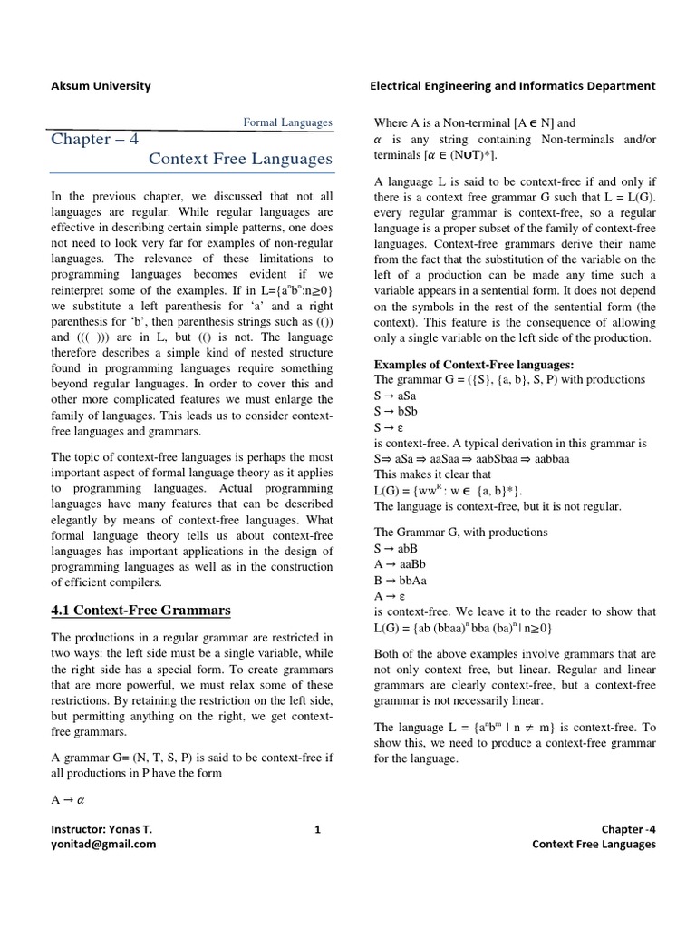 Chapter 4 - Context Free Languages | PDF | Programming Language ...