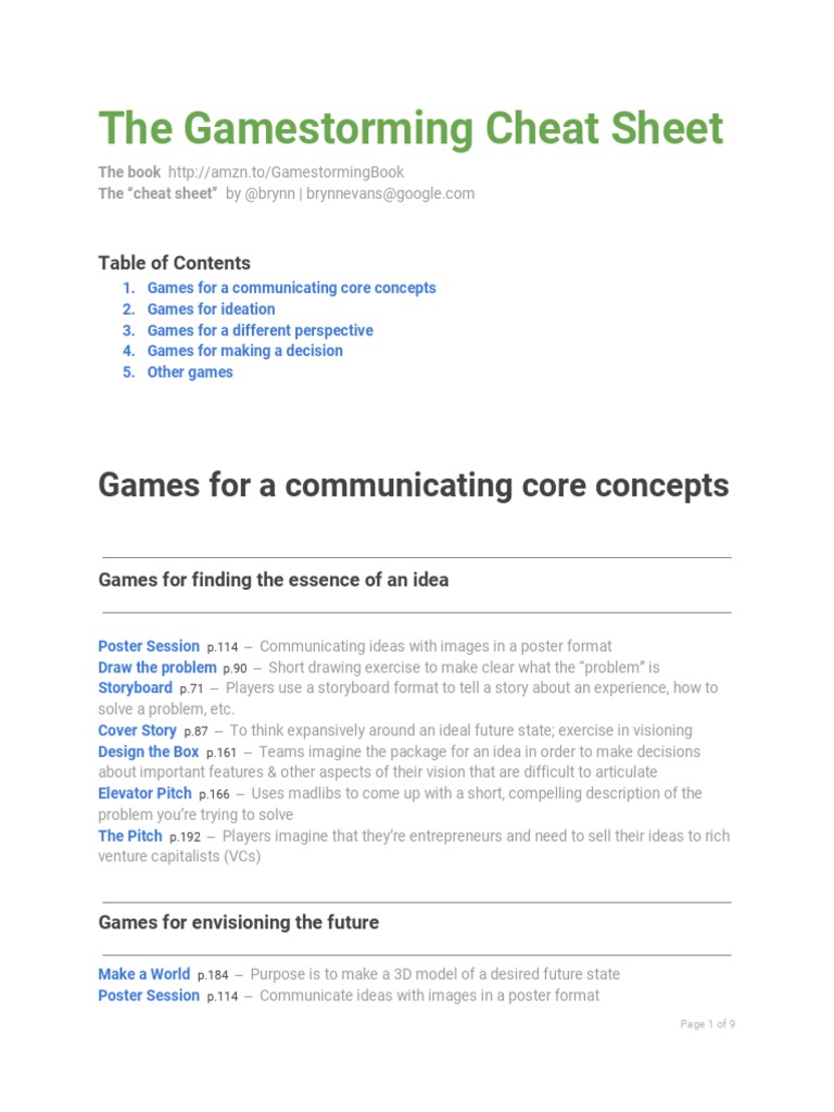 Gamestorming Cheat Sheet Overview | PDF | Motivation | Motivational
