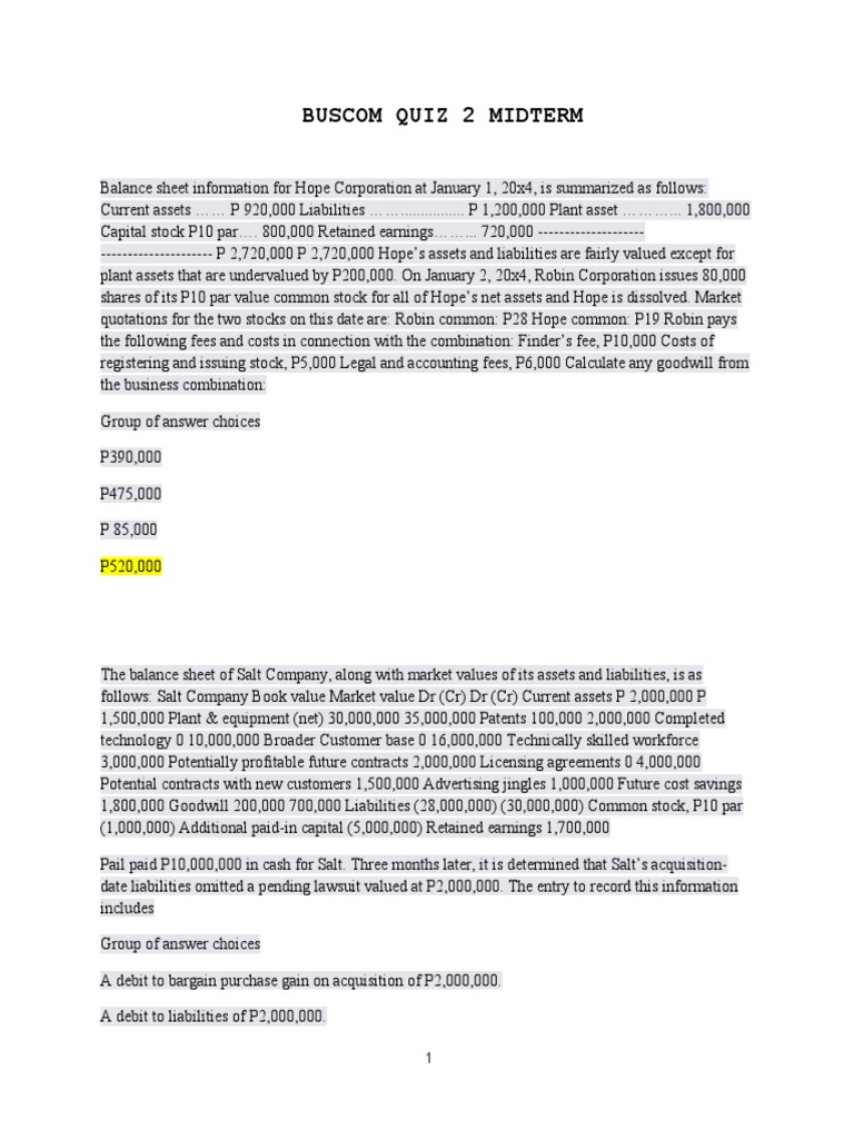 Buscom Quiz 2 Midterm | Download Free PDF | Goodwill (Accounting) | Mergers And Acquisitions