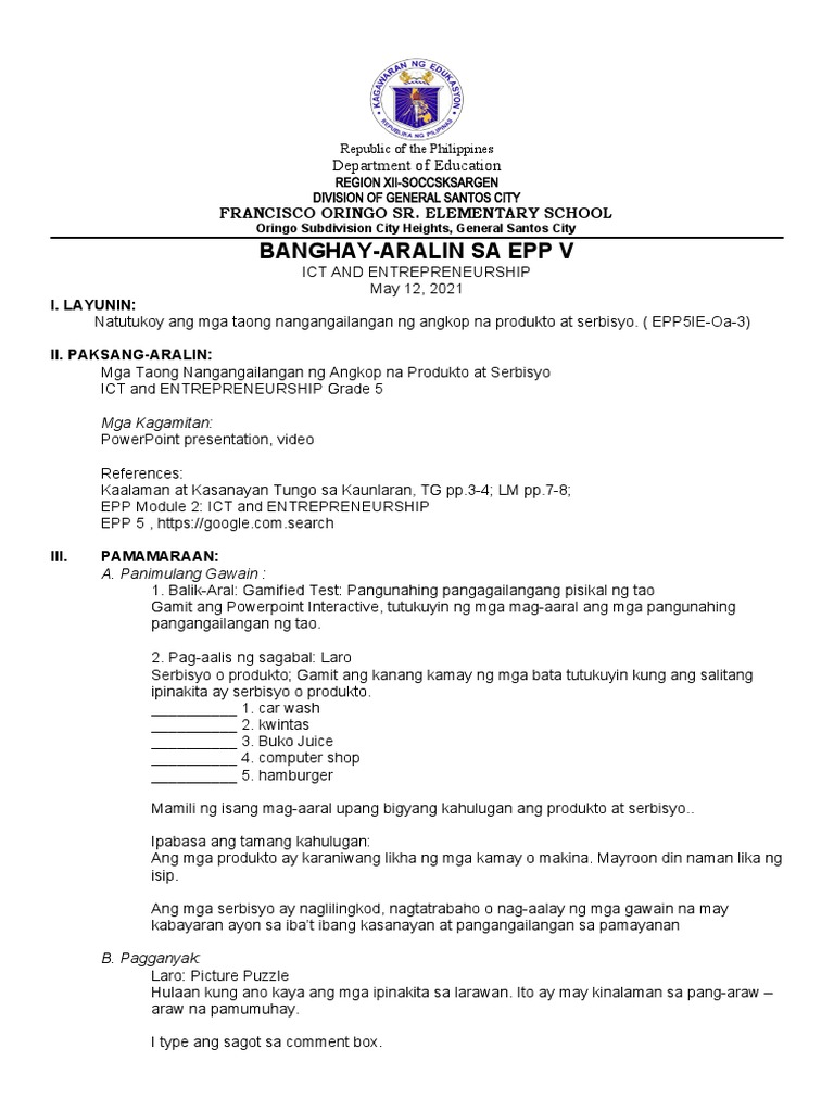 Halago, Emmamuel-Cot-Lesson Plan in Epp V | PDF
