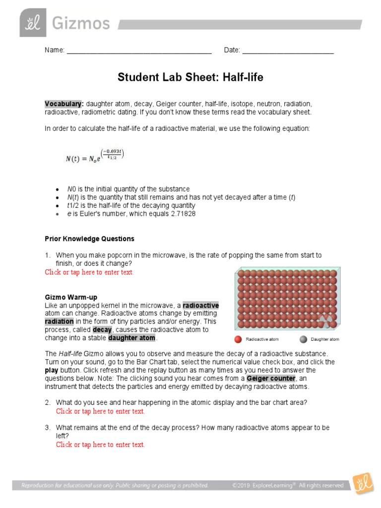 Half-Life Lab Exploration Guide | PDF | Radioactive Decay | Atoms