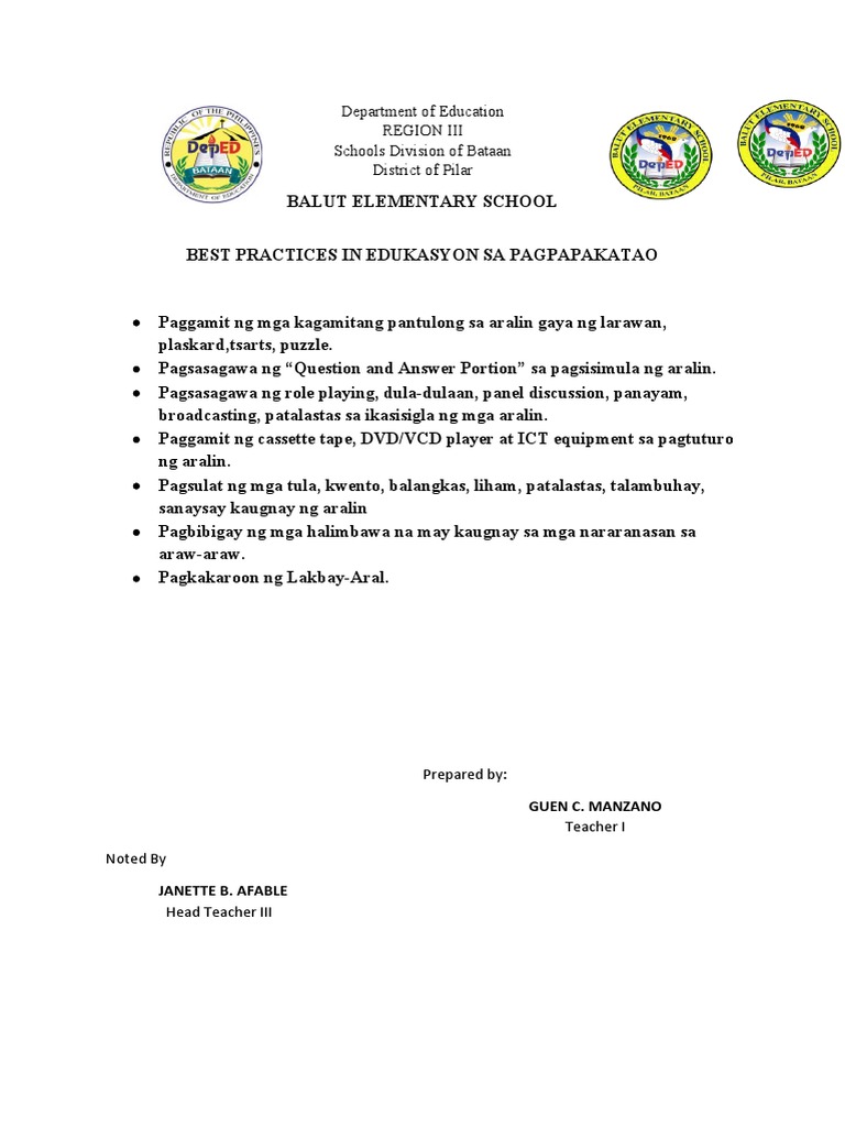 Balut Elementary School Best Practices in Edukasyon Sa Pagpapakatao ...