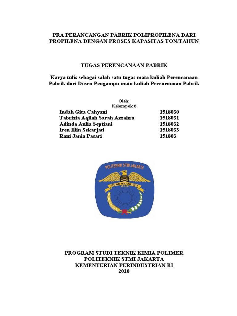 Pra Perancangan Pabrik - Kelompok 6 | PDF