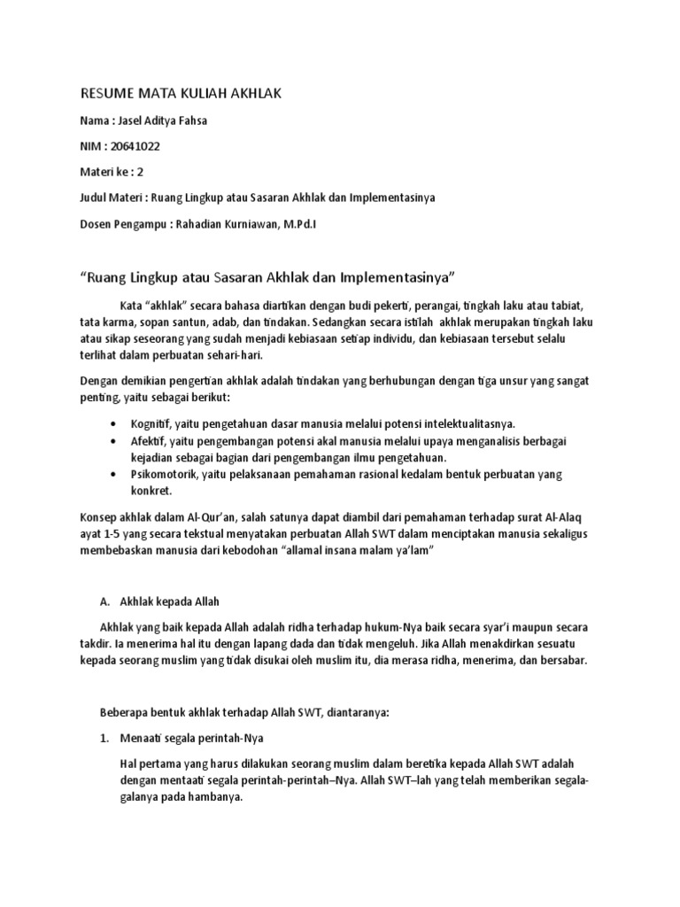 Resume Mata Kuliah Akhlak 14 Maret 2021 Jasel Aditya Fahsa | PDF