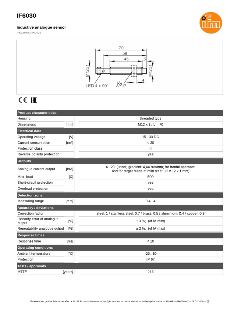 Inductive Analogue Sensor: Product Characteristics | PDF | Power Supply ...