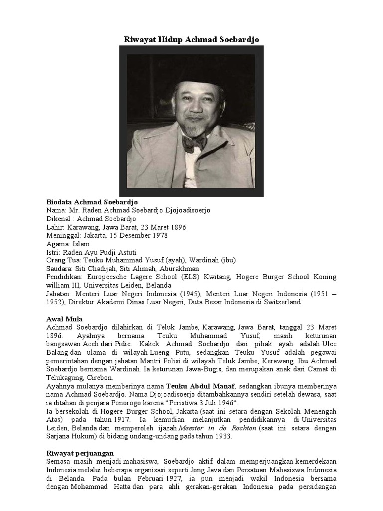 Biografi Singkat Achmad Soebardjo | PDF