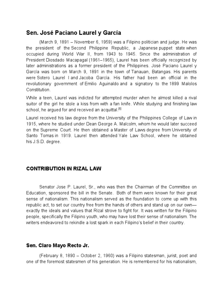 Sen. José Paciano Laurel y García: Contribution in Rizal Law | PDF ...