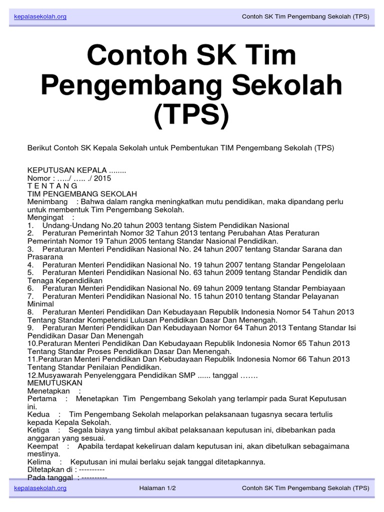 Contoh SK Tim Pengembang Sekolah TPS | PDF