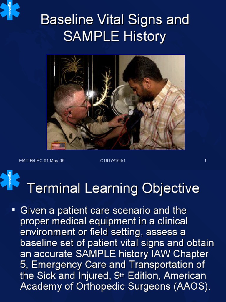Baseline Vital Signs and SAMPLE History | PDF | Blood Pressure | Pulse