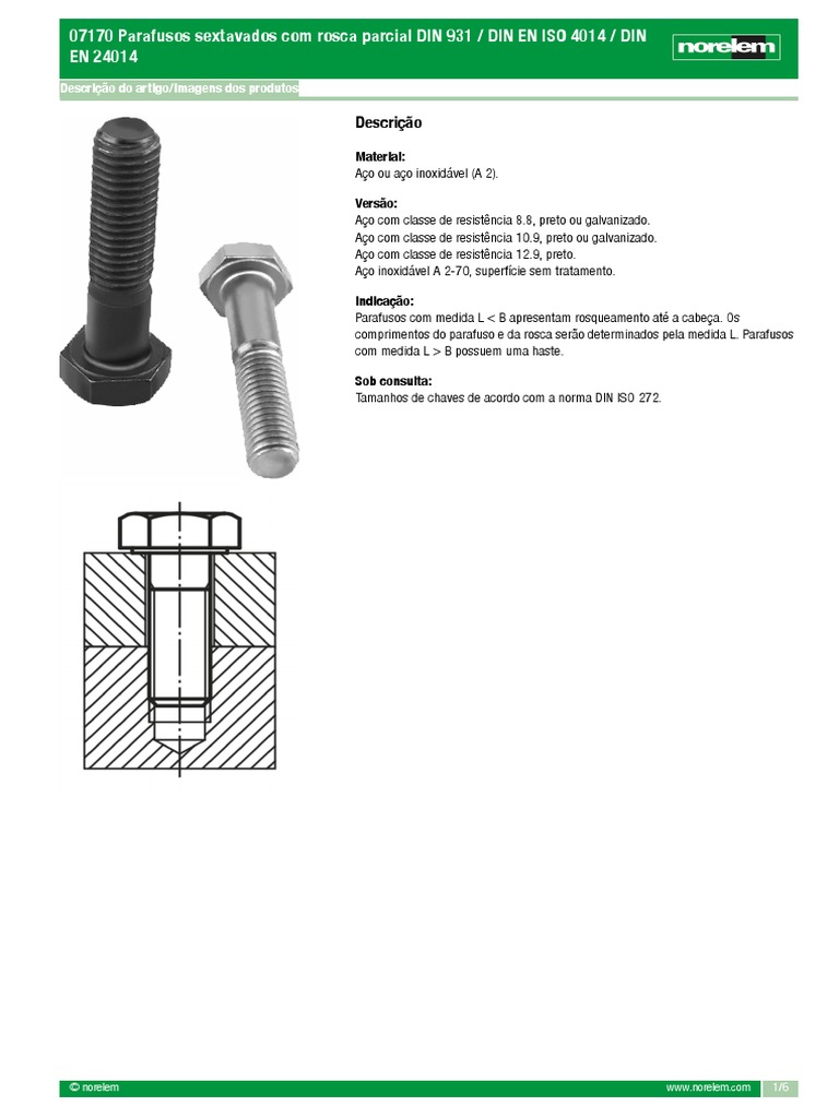 Parafusos Sextavados Com Rosca Parcial DIN 931 DIN EN ISO 4014 DIN EN 24014-pt | PDF | Parafuso ...