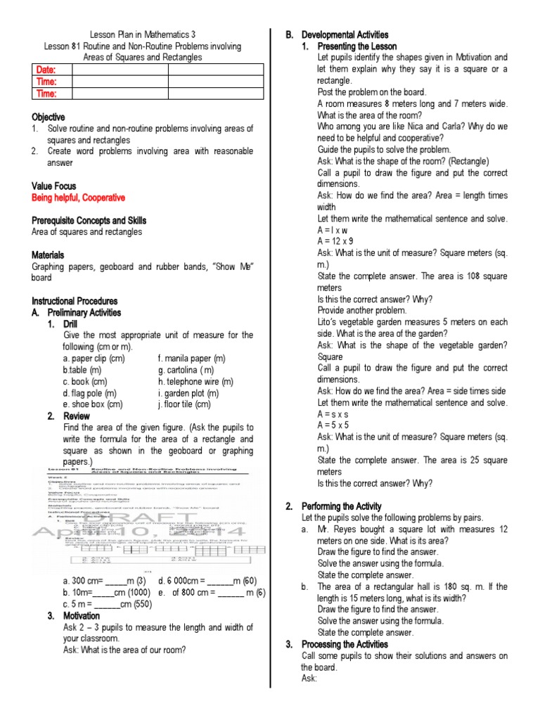 Lesson 81 Routine and Non-Routine Problems Involving Areas of Squares ...