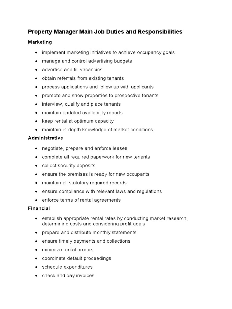 Property Manager Duties and Responsibilities | PDF | Landlord | Renting