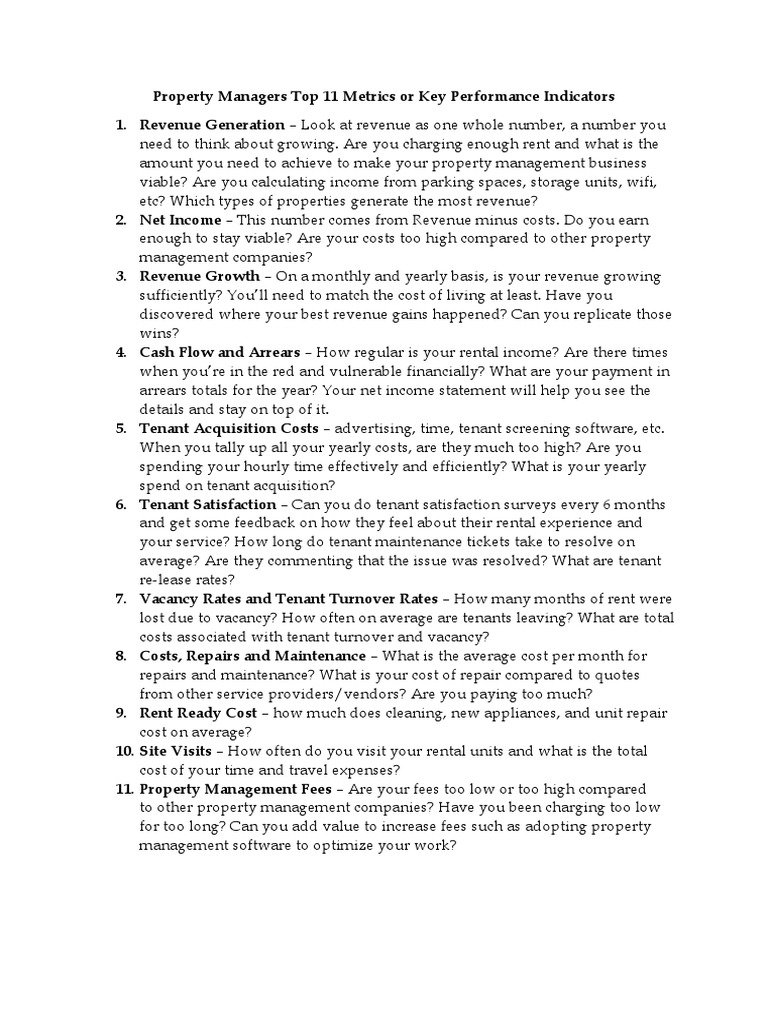 Property Managers Top 11 Metrics or Key Performance Indicators | PDF ...