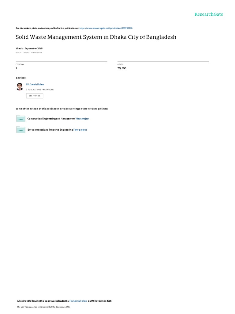 Solid Waste Management System in Dhaka City of Bangladesh: September ...