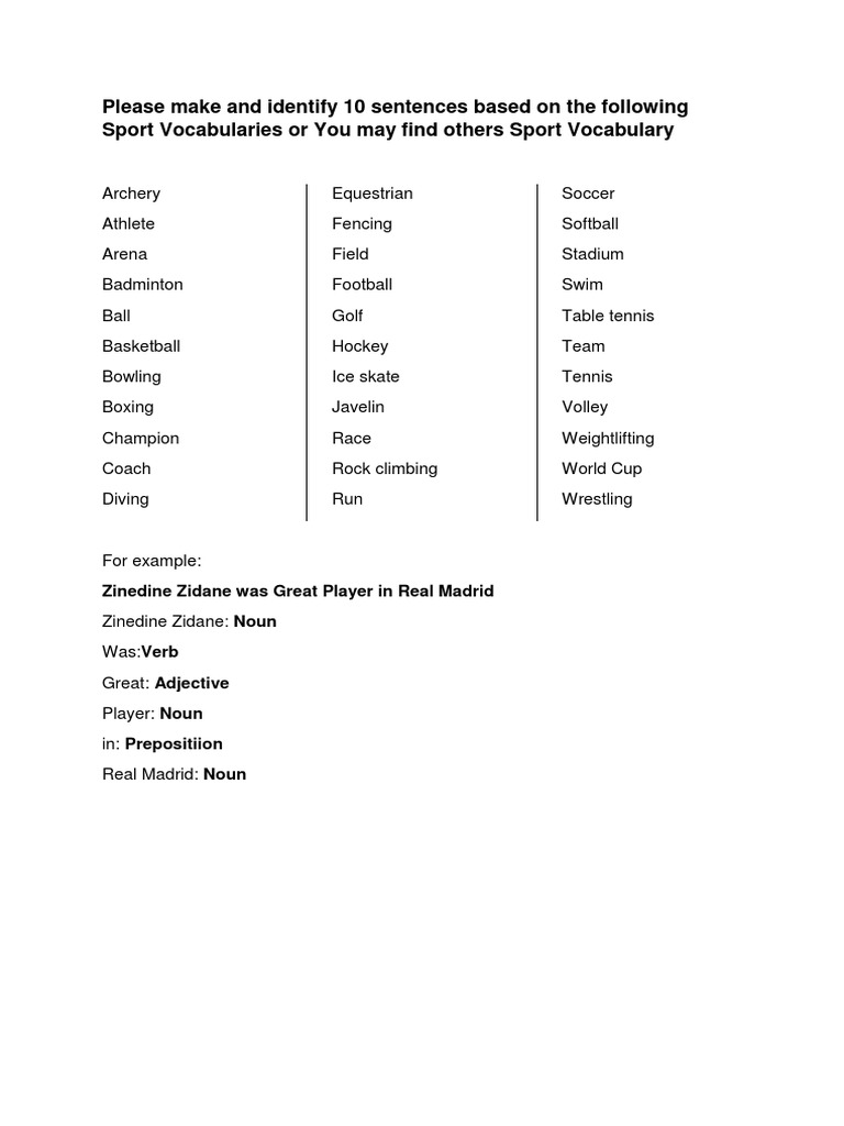 Sport Vocabulary Sentence Examples | PDF