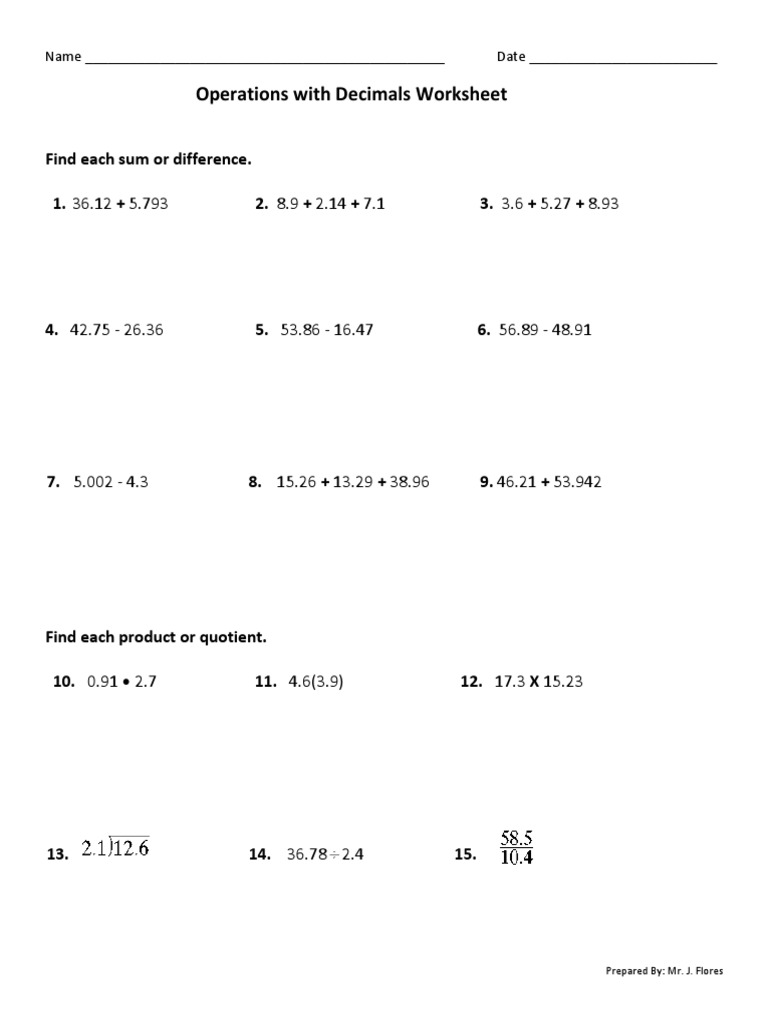 Operations with Decimals Worksheet | PDF