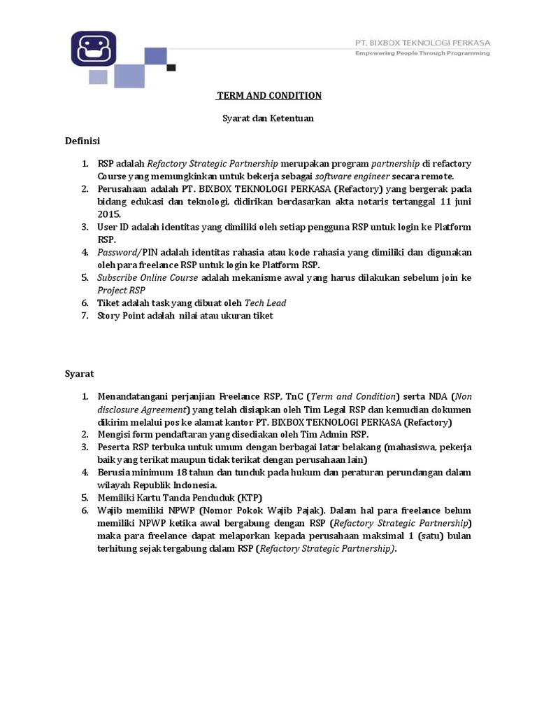Term and Condition RSP Refactory Strategic Partnership | PDF
