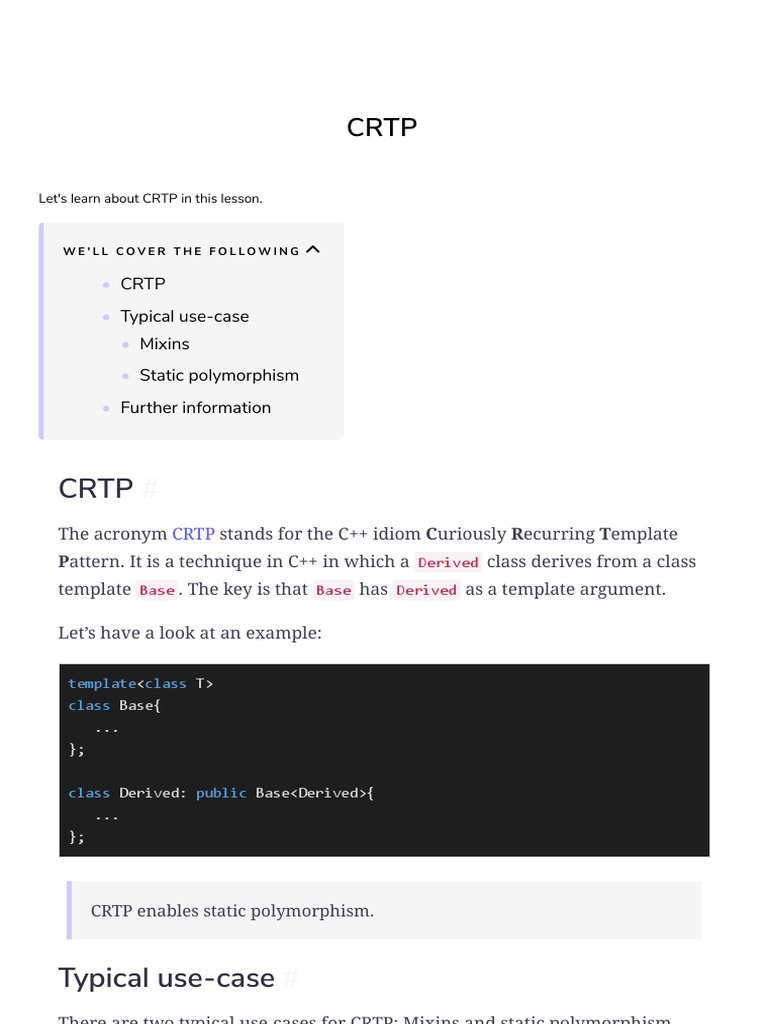 CRTP Typical Use-Case Mixins Static Polymorphism Further Information | PDF