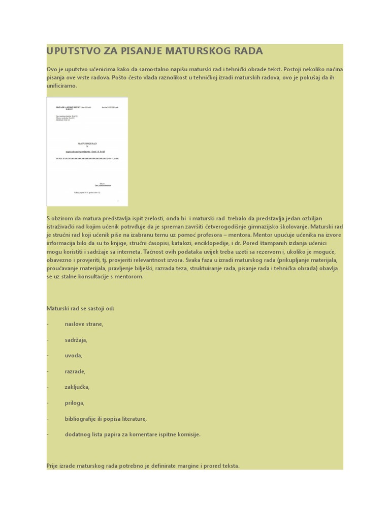 Uputstvo Za Izradu Maturskog Rada | PDF