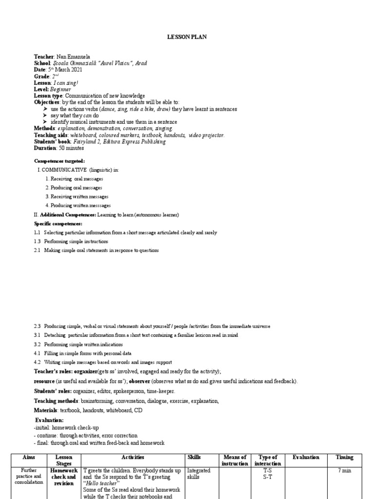 2nd Grade English Lesson Plan: Singing | PDF | Teaching Method | Pedagogy