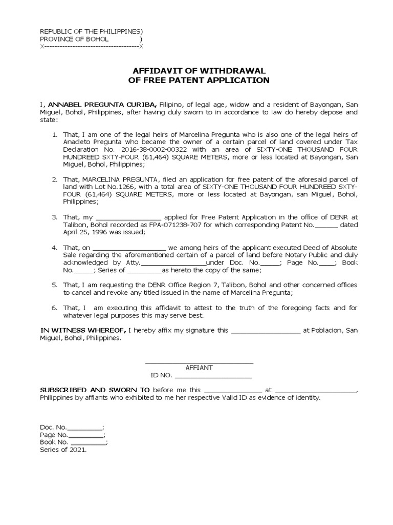 Affidavit of Withdrawal of Free Patent | PDF | Affidavit | Document