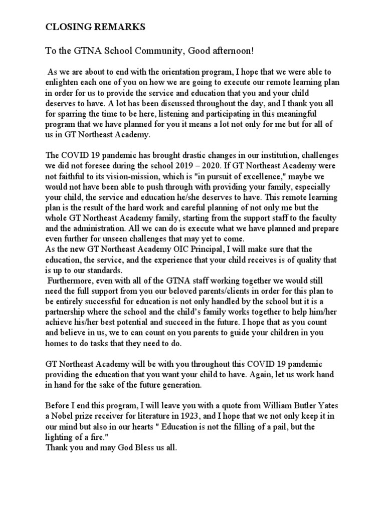 Closing Remarks for GTNA Orientation | PDF | Human Nature | Further ...