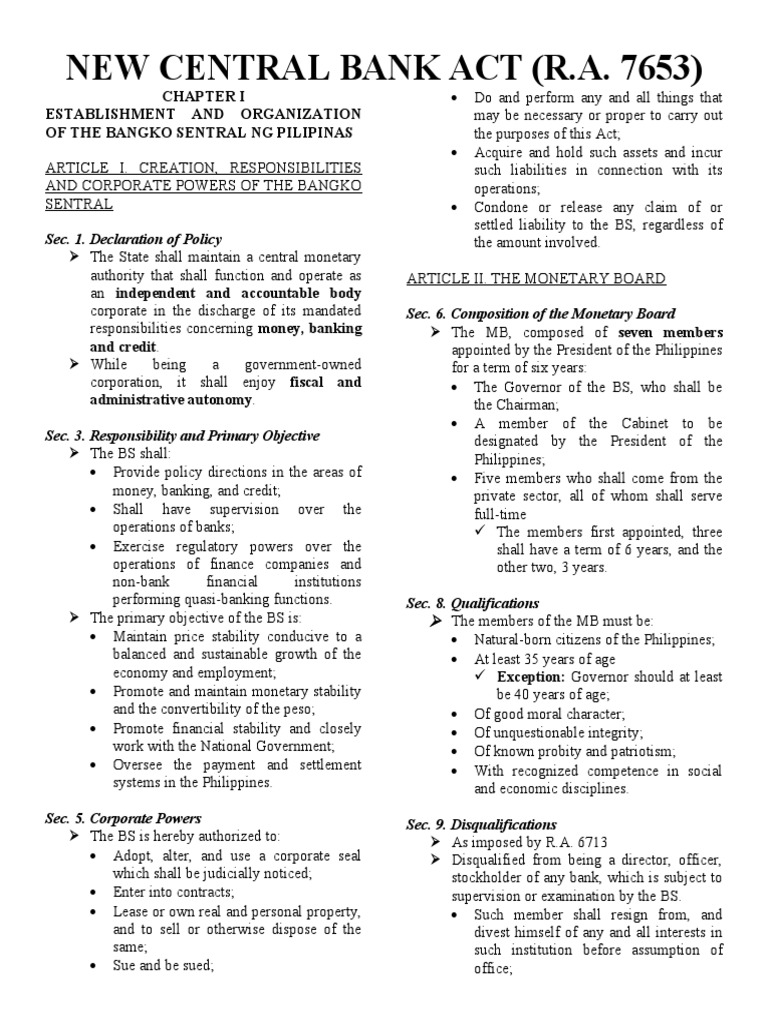 The New Central Bank Act R.A 7653 Reviewer | PDF | Banks | Foreign ...