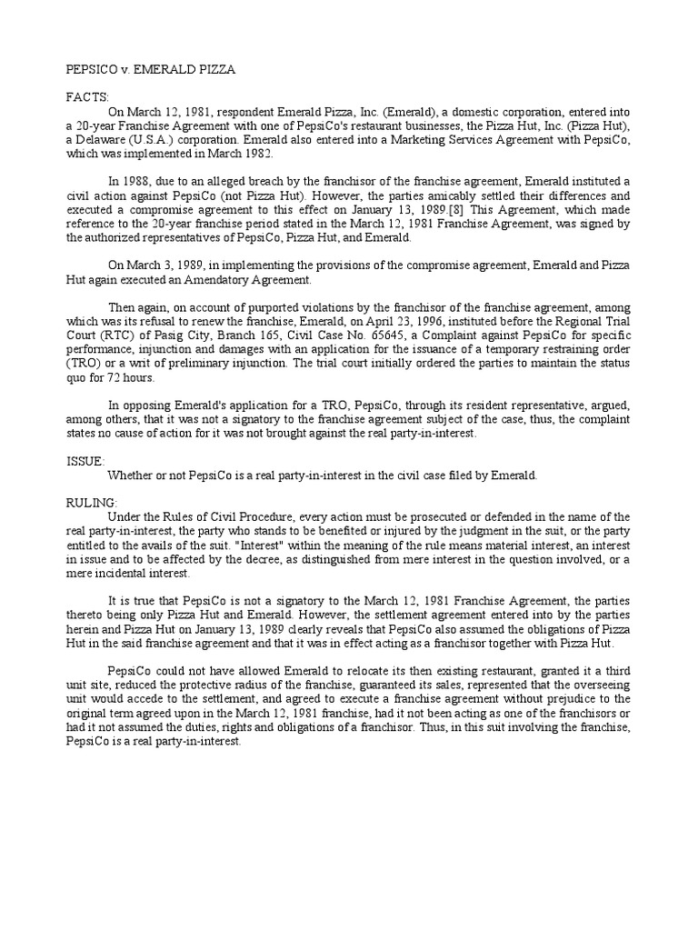 PEPSICO v. EMERALD PIZZA | PDF | Franchising | Injunction