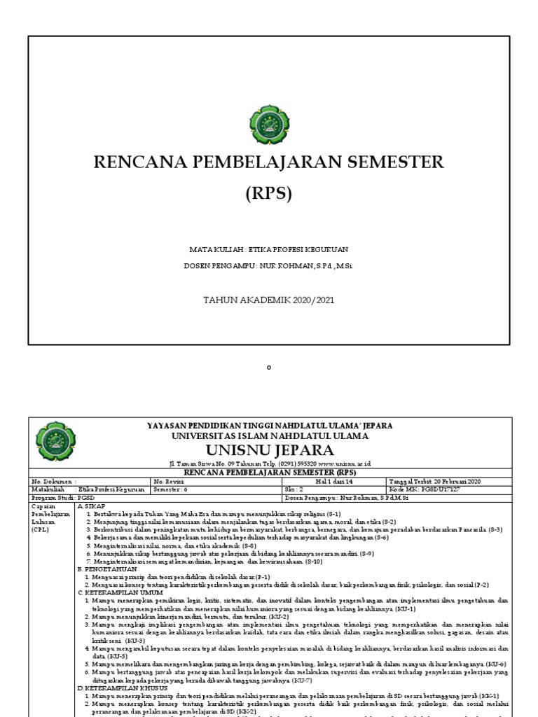 0 RPS Etika Profesi Keguruan Unisnu | PDF