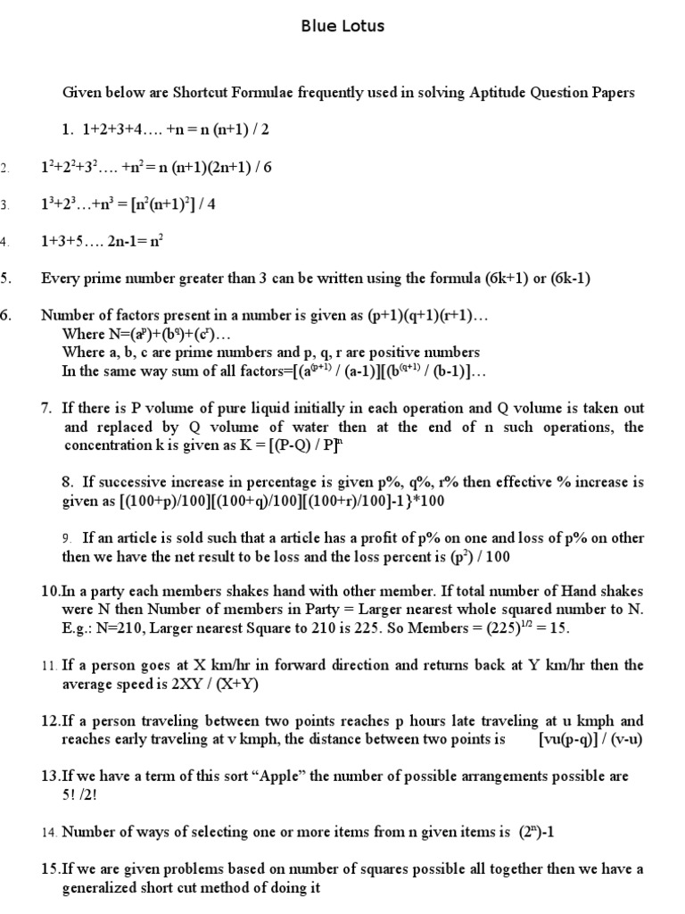 Shortcut Formulas | PDF