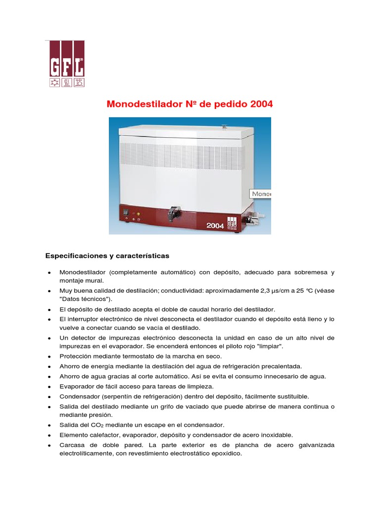 Monodestilador GFL 2004 Automático | PDF | Destilación | Agua
