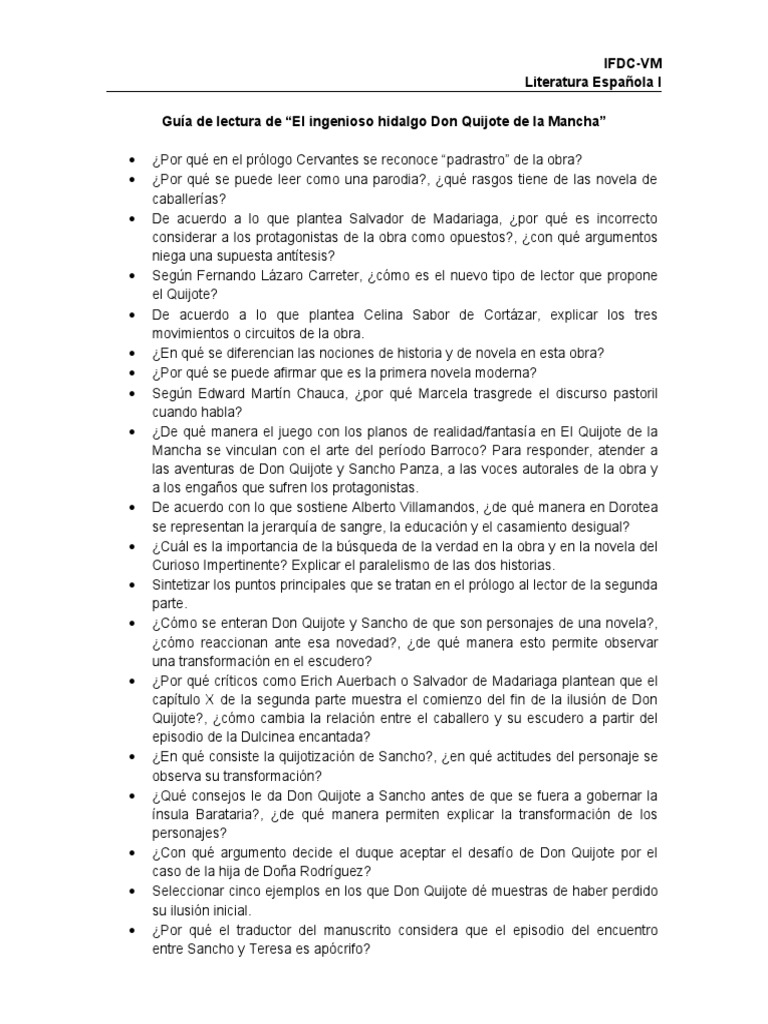 Guía de Lectura. Don Quijote de La Mancha | PDF | Don Quijote | Novelas