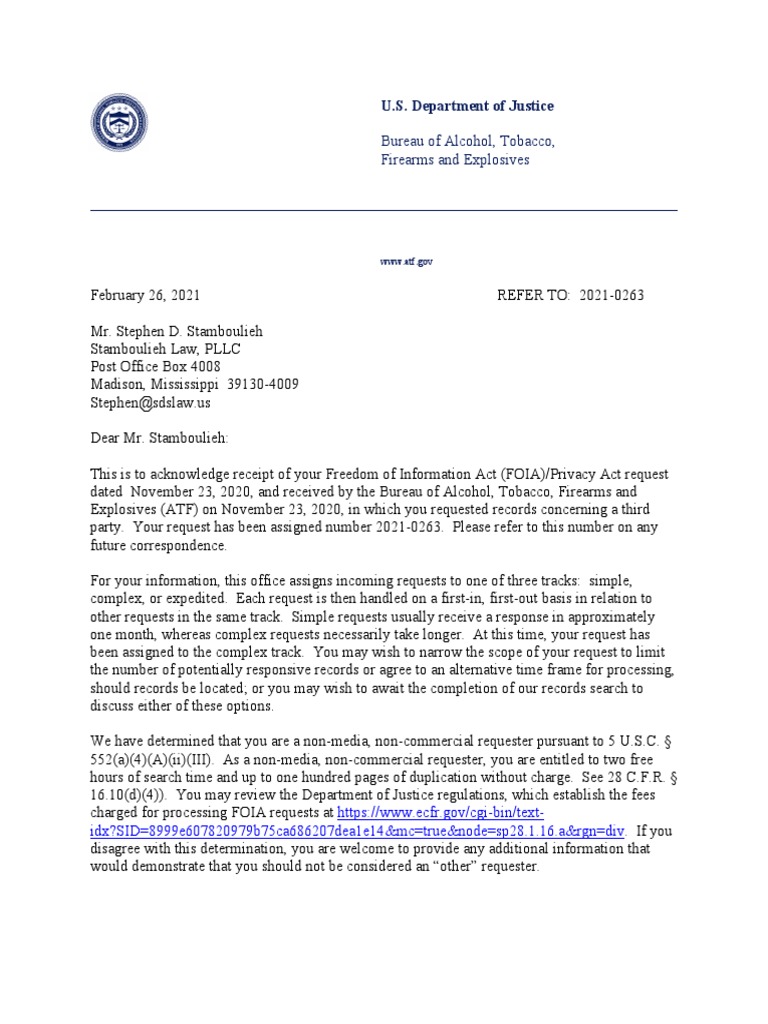 ATF 2021-0263 FOIA Acknowledgement Letter Hunter Biden Information ...
