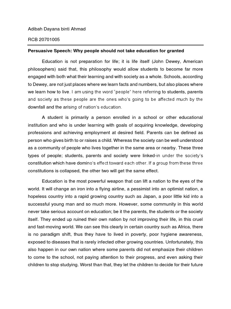 Persuasive Speech: Why People Should Not Take Education For Granted ...