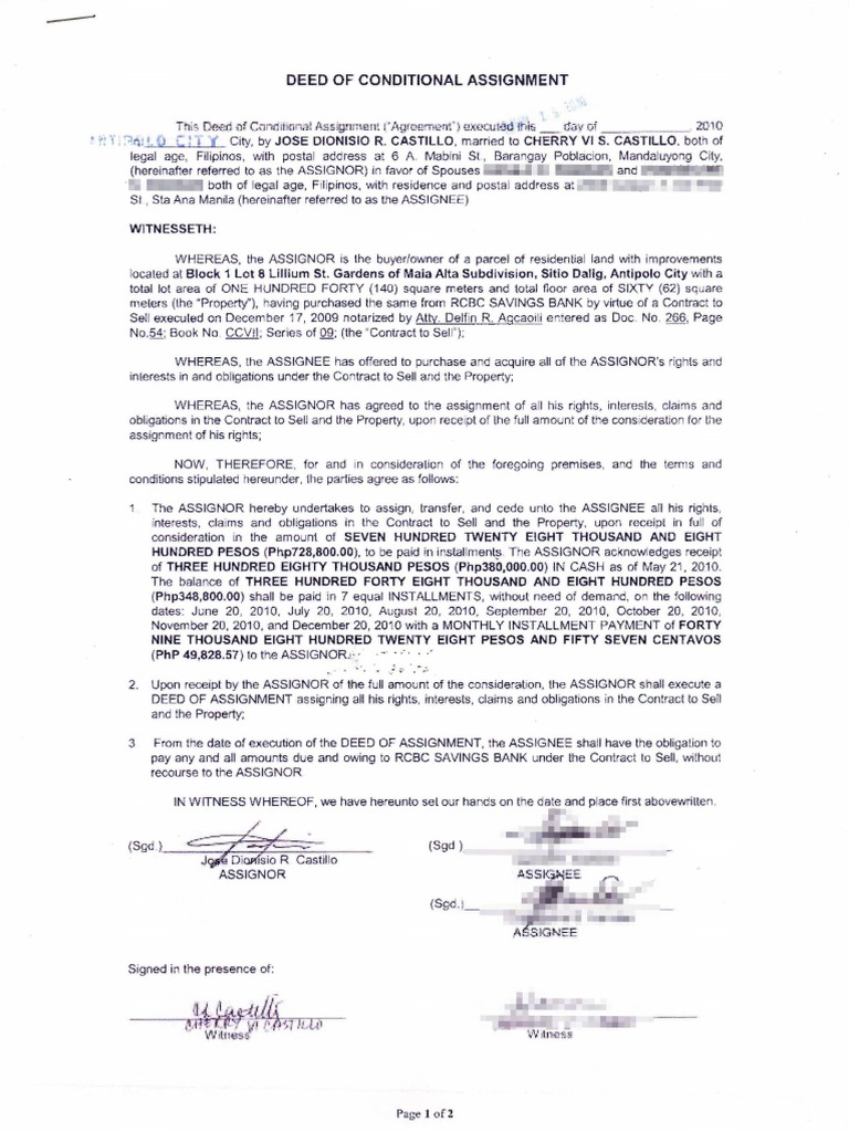 Deed of Conditional Assignment Sample | PDF | Assignment (Law) | Civil ...