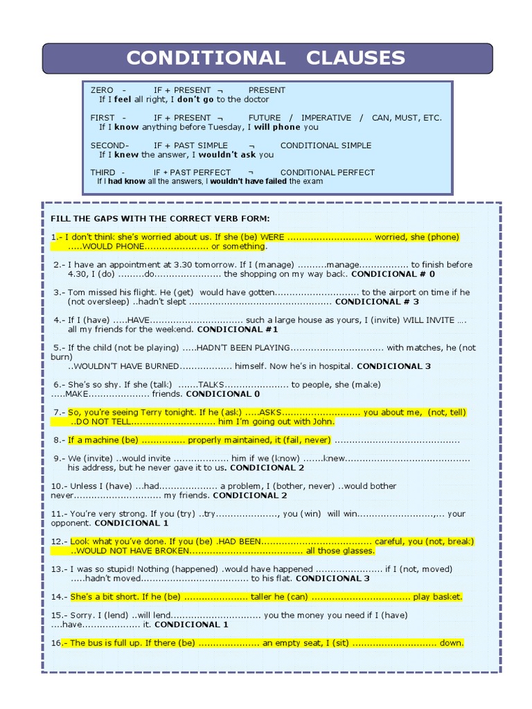 Conditional Clauses: Fill The Gaps With The Correct Verb Form | PDF | Grammar | Syntax
