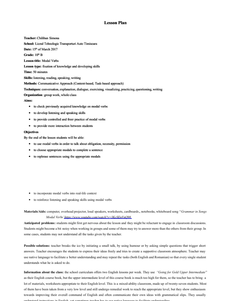 Lesson Plan Modal Verbs | PDF | Teachers | Linguistics Lesson Plan Modal Verbs | PDF | Teachers | Linguistics