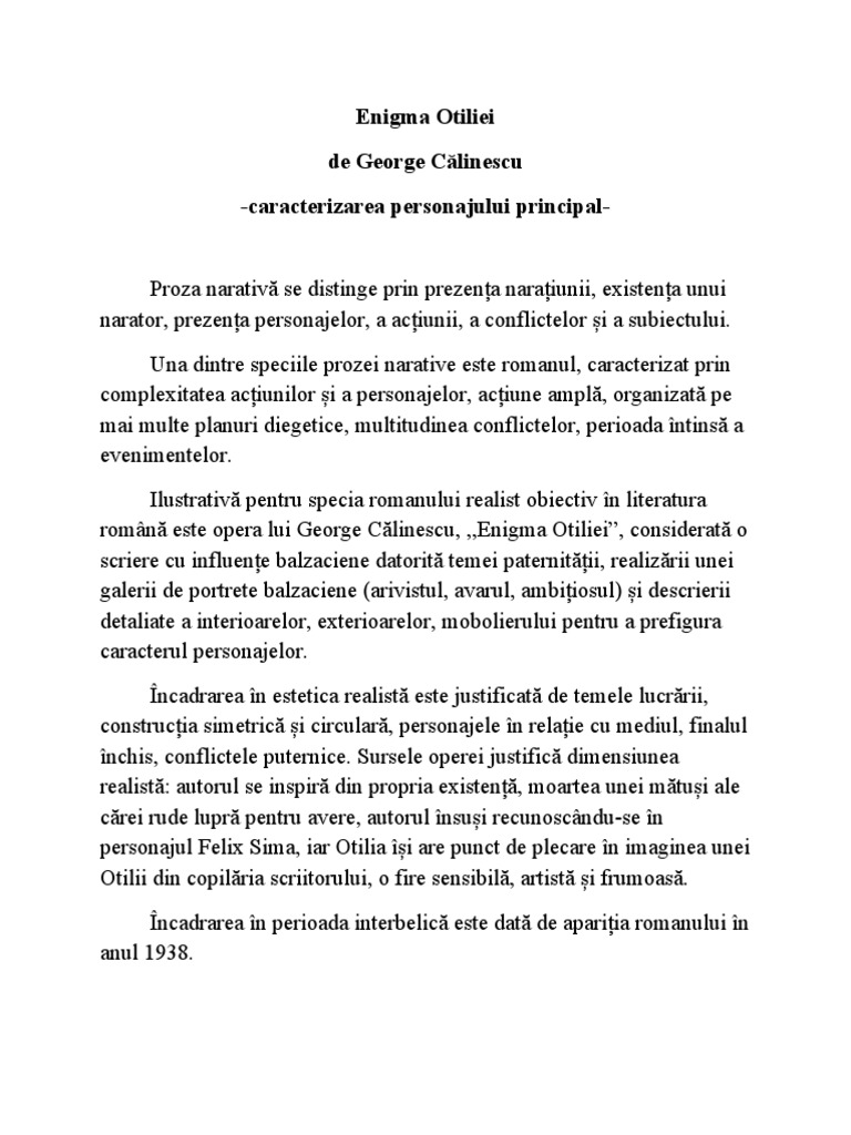 Enigma Otiliei-Caracterizare | PDF