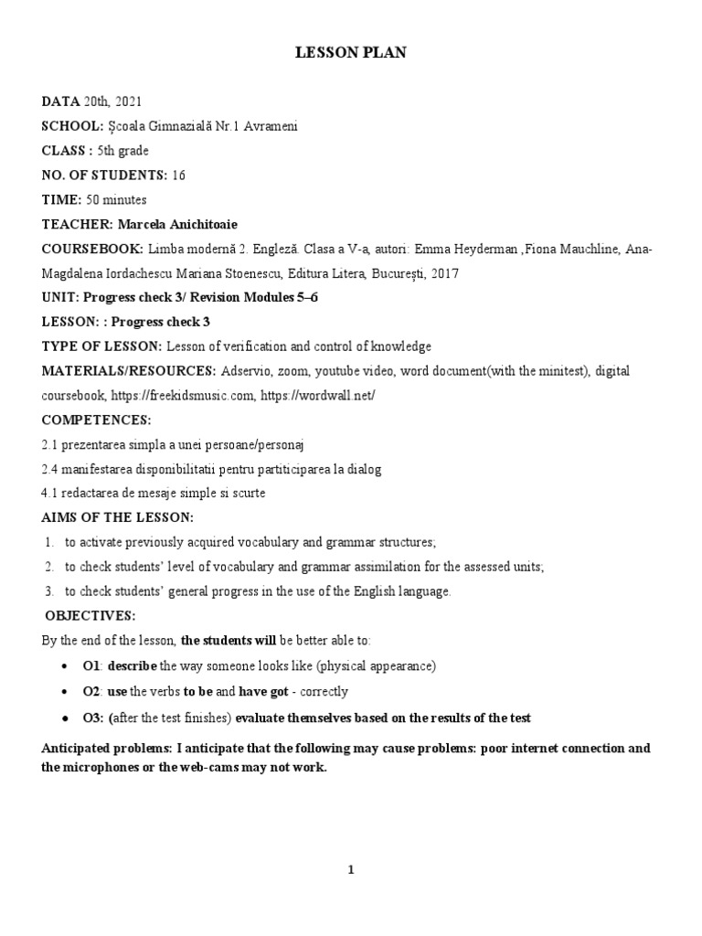 Clasa A V-A Plan de Lectie Progress Check Units 1, 2 | PDF | Homework ...