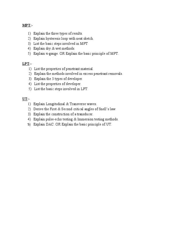 MPT, LPT & Ut Questions | PDF