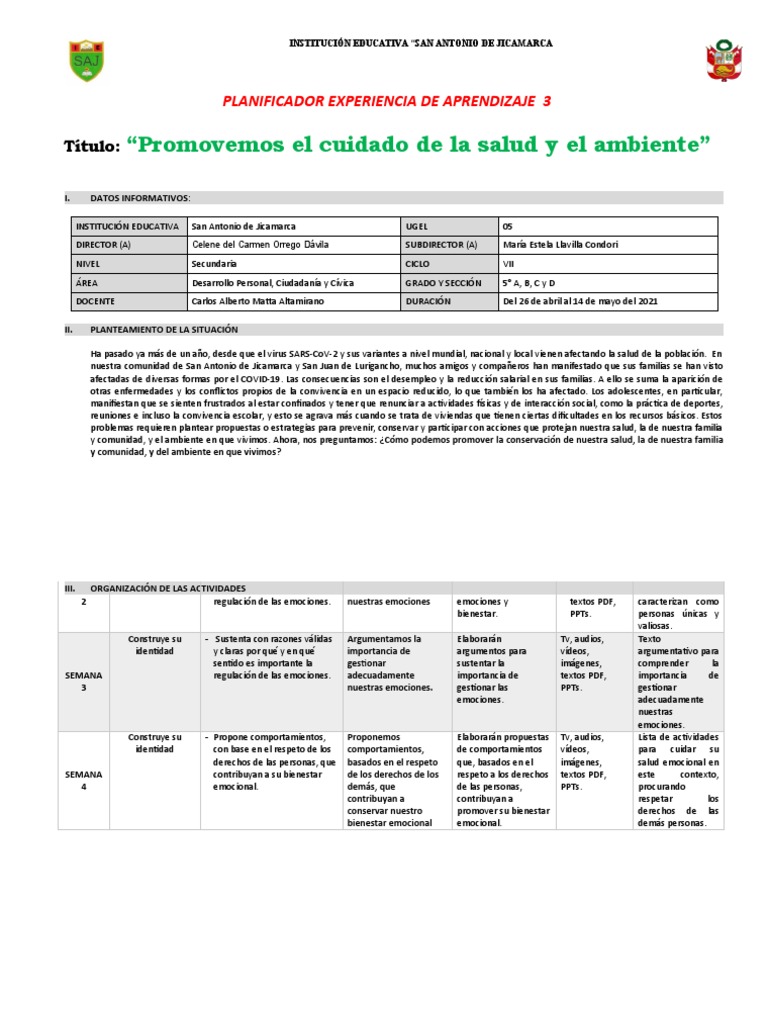 Planificador Experiencia de Aprendizaje 3 DPCC 5° Grado | PDF | Las emociones | Bienestar
