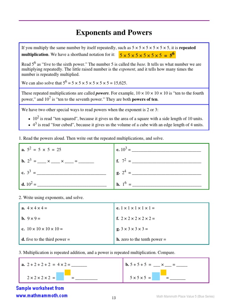Exponents and Powers: Sample Worksheet From | PDF | Multiplication ...