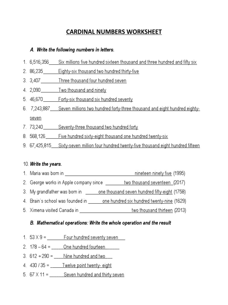 Cardinal Numbers Worksheet: A. Write The Following Numbers in Letters ...