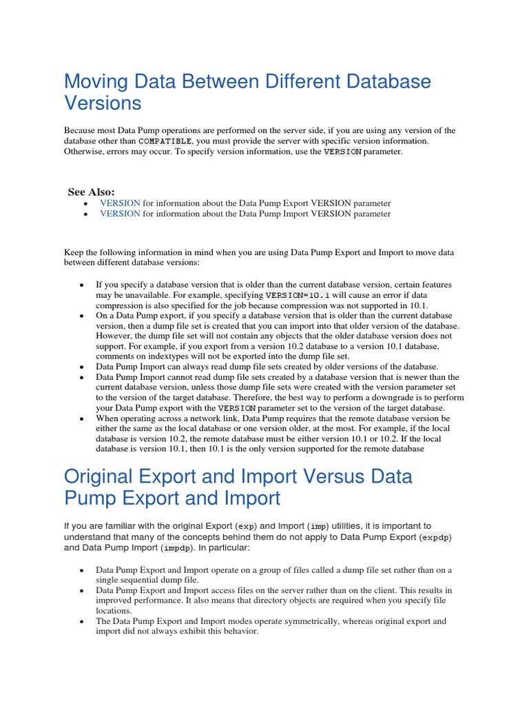 Moving Data Between Different Database Versions: See Also | PDF | Databases | Metadata