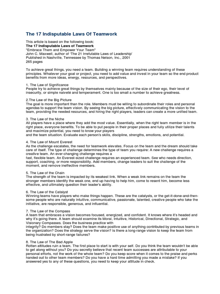 17 Laws of Teamwork | PDF | Leadership | Psychology