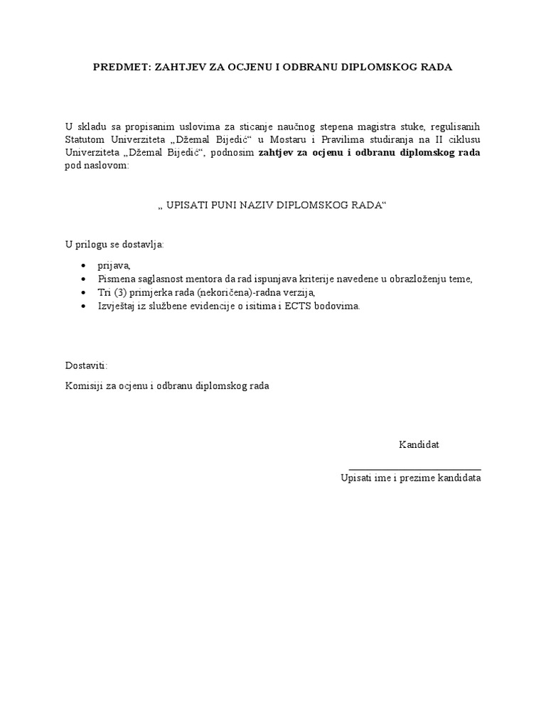 Zahtjev Za Ocjenu Diplomskog Rada I Saglasnost Mentora | PDF